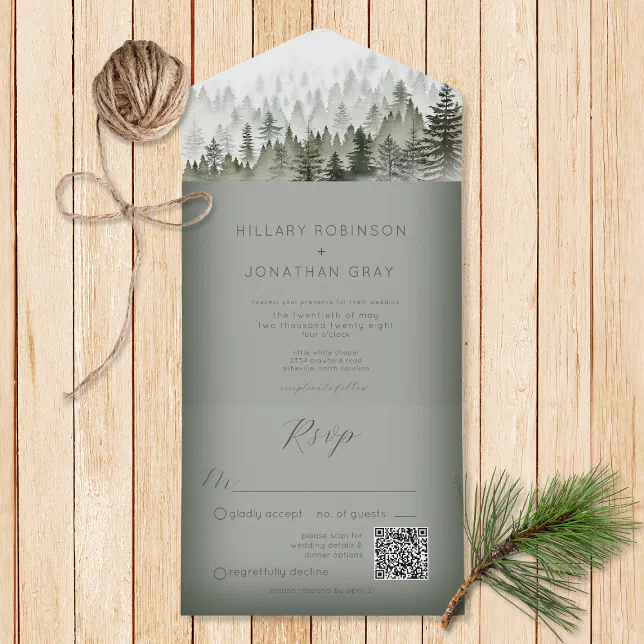 Rustic Mountain Mist Forest Green QR Code All In One Invitation | Zazzle