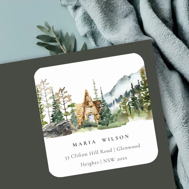 Rustic Mountain Pine Forest Wood Cabin Address Square Sticker | Zazzle