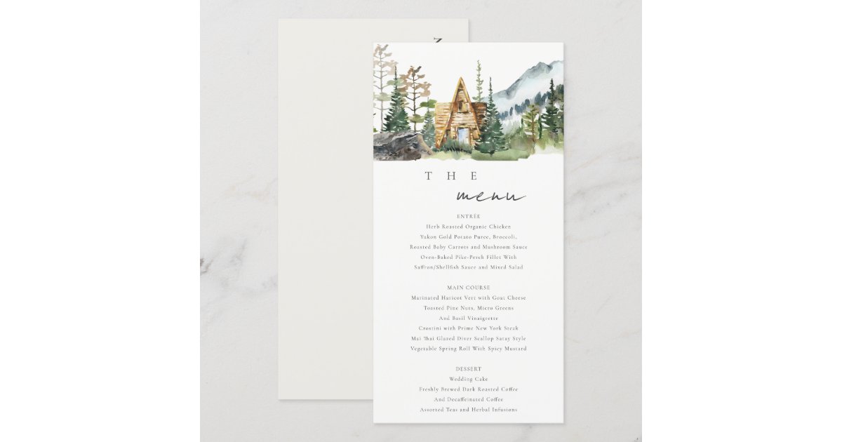 Rustic Mountain Pine Forest Wood Cabin Menu Card | Zazzle