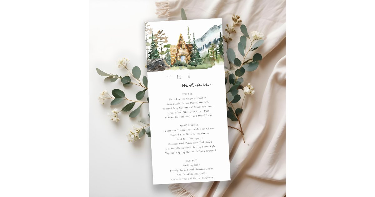 Rustic Mountain Pine Forest Wood Cabin Menu Card | Zazzle