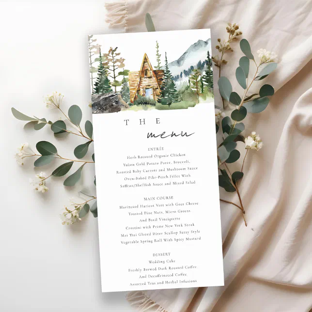 Rustic Mountain Pine Forest Wood Cabin Menu Card | Zazzle
