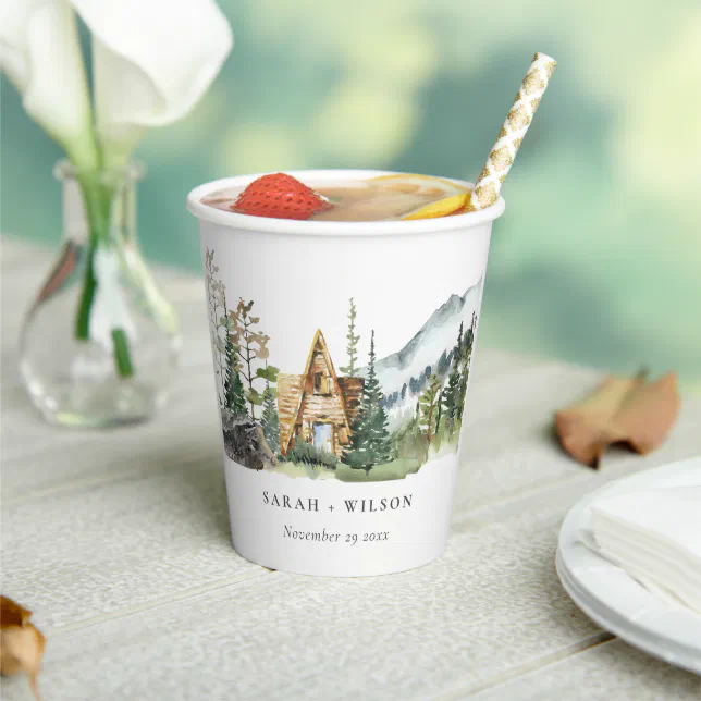 Rustic Mountain Pine Forest Wood Cabin Wedding Paper Cups | Zazzle