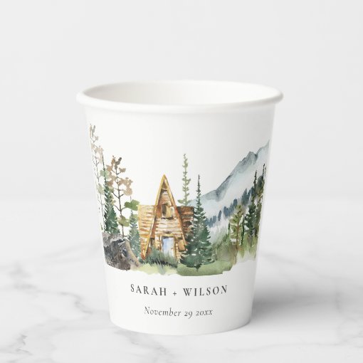 Rustic Mountain Pine Forest Wood Cabin Wedding Paper Cups | Zazzle