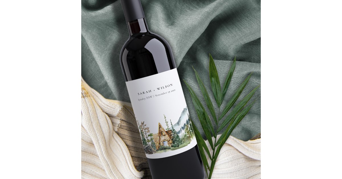 Rustic Mountain Pine Forest Wood Cabin Wedding Wine Label | Zazzle