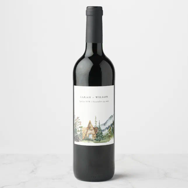 Rustic Mountain Pine Forest Wood Cabin Wedding Wine Label | Zazzle