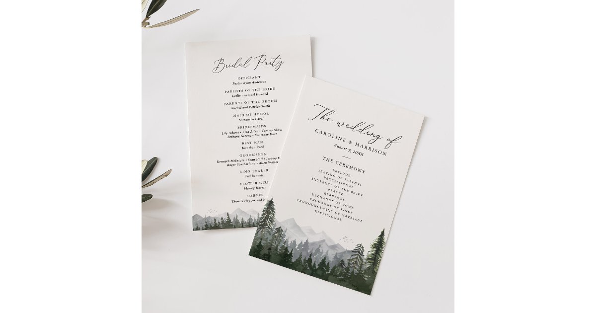 Rustic Mountain Pine Tree Wedding Program | Zazzle