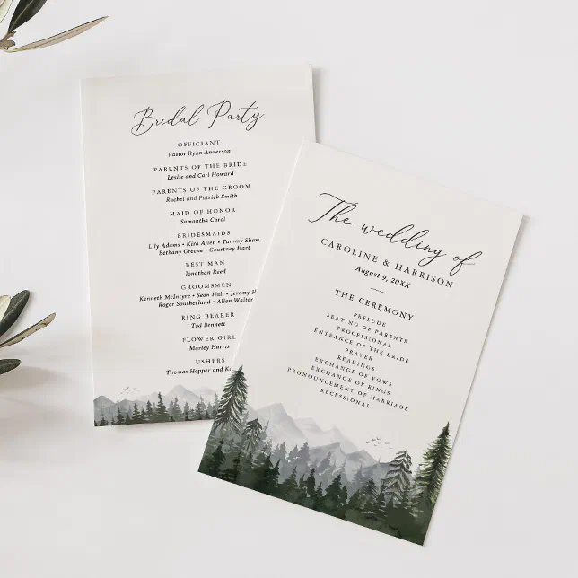 Rustic Mountain Pine Tree Wedding Program | Zazzle