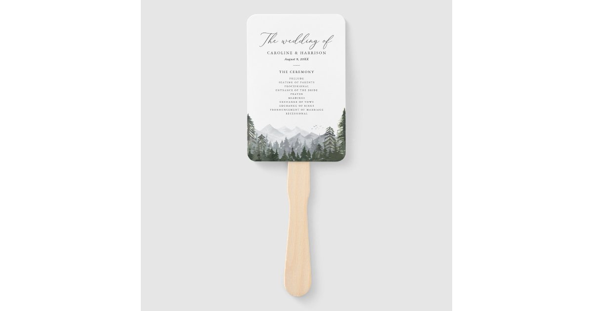 Rustic Mountain Pine Tree Wedding Program Hand Fan | Zazzle