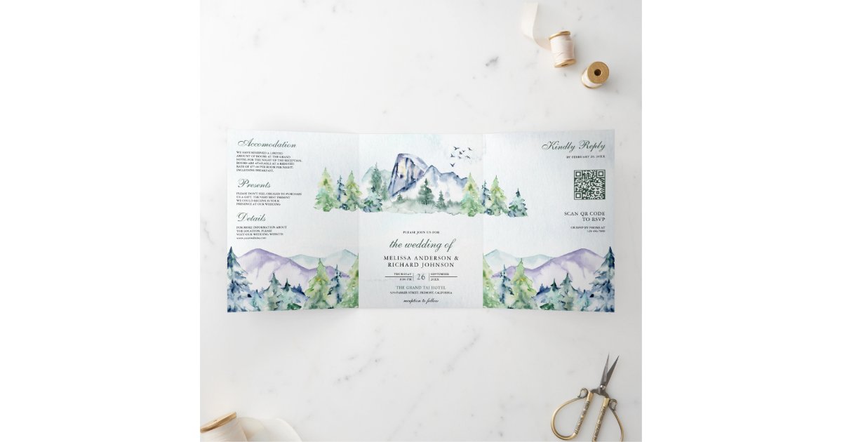 Rustic Mountain Pine Trees Forest QR Code Wedding Tri-Fold Invitation ...