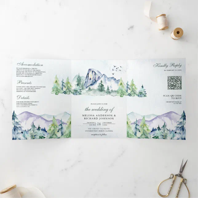 Rustic Mountain Pine Trees Forest QR Code Wedding Tri-Fold Invitation ...