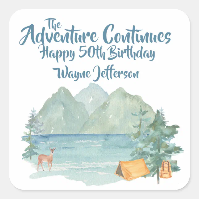 Rustic Mountain Watercolor Adventure 50th Birthday Square Sticker | Zazzle