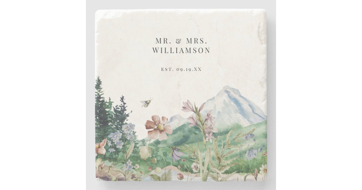 Rustic Mountain Wildflower | Wedding Monogram Stone Coaster | Zazzle