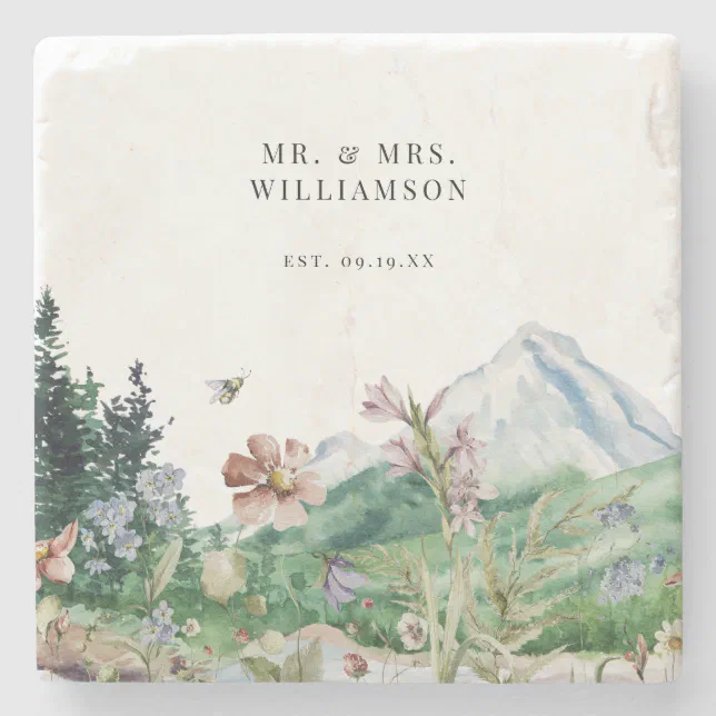 Rustic Mountain Wildflower | Wedding Monogram Stone Coaster | Zazzle
