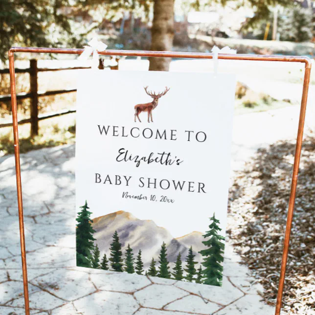 Rustic Mountains Deer Baby Shower Welcomer Sign | Zazzle