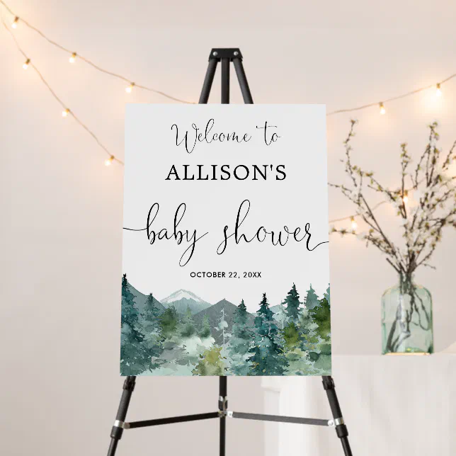 Rustic mountains forest baby shower welcome sign | Zazzle