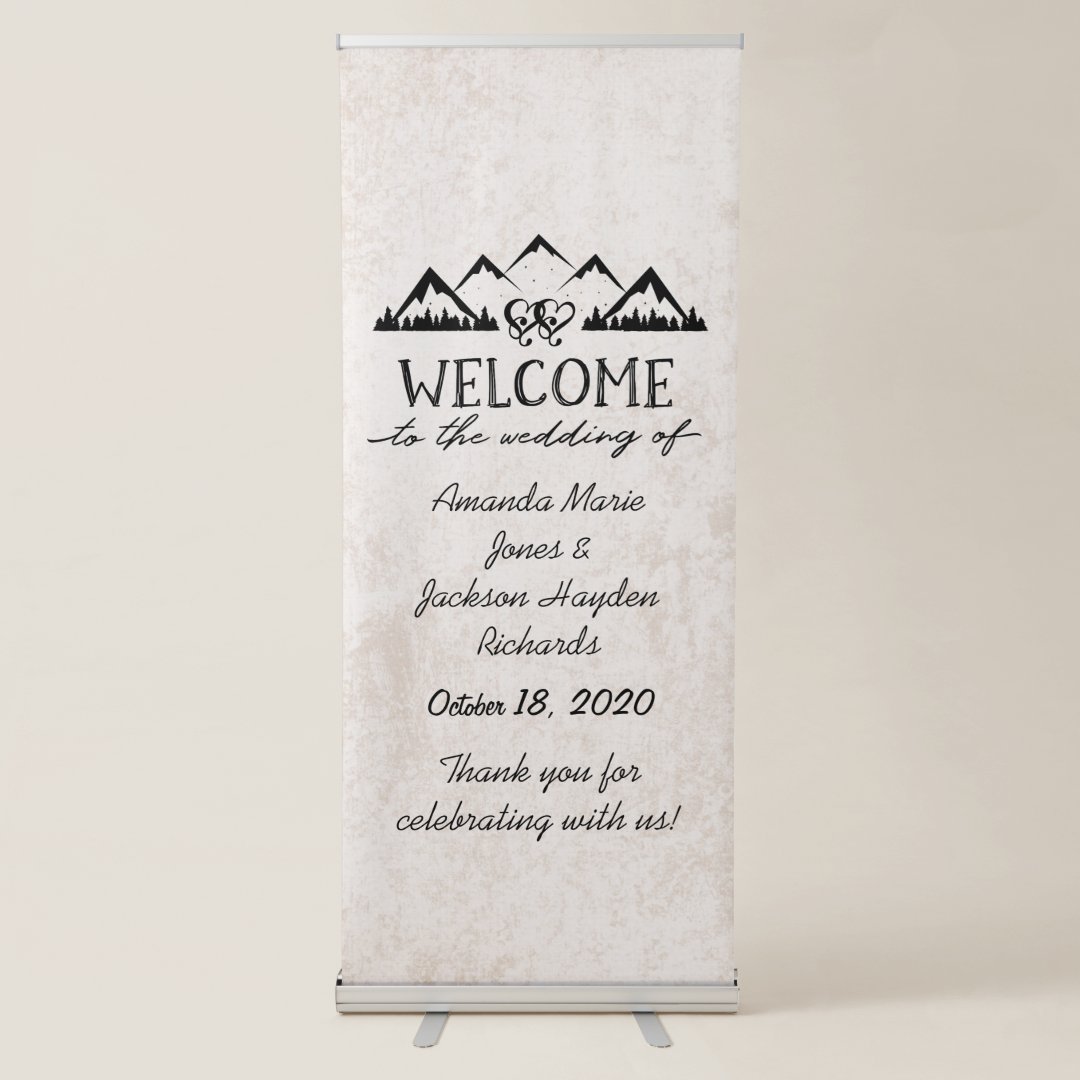 Rustic Mountains & Pine Trees Wedding Welcome Retractable Banner | Zazzle