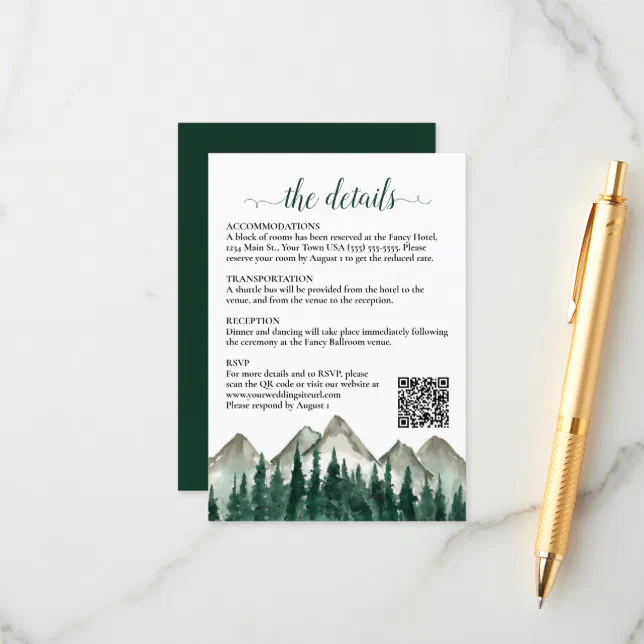 Rustic Mountains & Pine Wedding Details QR Code Enclosure Card | Zazzle