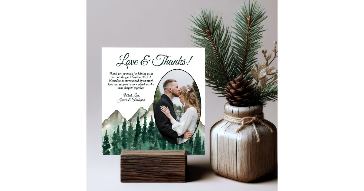 Rustic Mountains & Pines Oval Photo Wedding Thank You Card | Zazzle