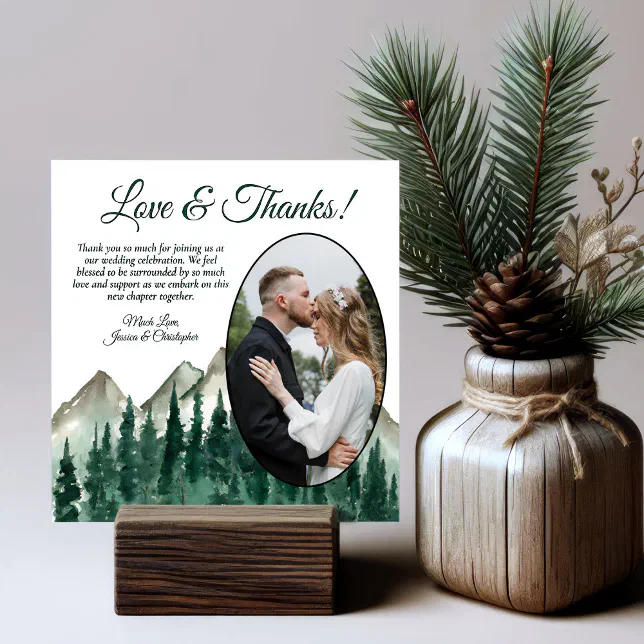 Rustic Mountains & Pines Oval Photo Wedding Thank You Card | Zazzle