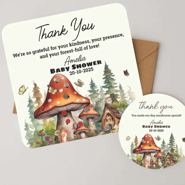Rustic Mushrooms Woodland Baby Shower Thank You Square Sticker | Zazzle