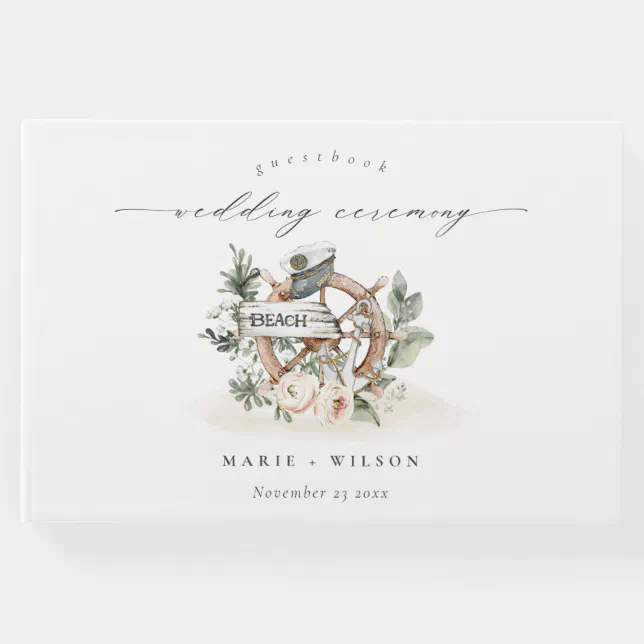 Rustic Nautical Anchor Wheel Leafy Floral Wedding Guest Book | Zazzle