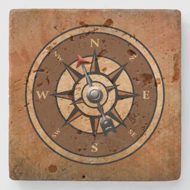 Rustic Nautical Compass Brown Background Stone Coaster Zazzle