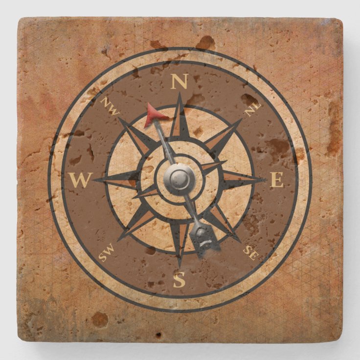 Rustic Nautical Compass Brown Background Stone Coaster | Zazzle