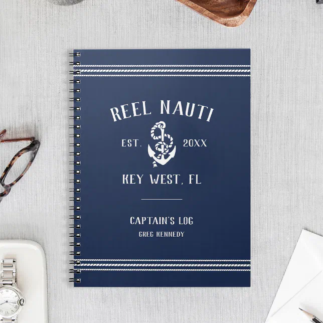 Rustic Nautical Navy Boat Name Captain's Log Notebook | Zazzle