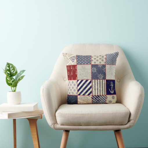 Rustic Nautical Patchwork Stripe Anchor Pattern Throw Pillow | Zazzle