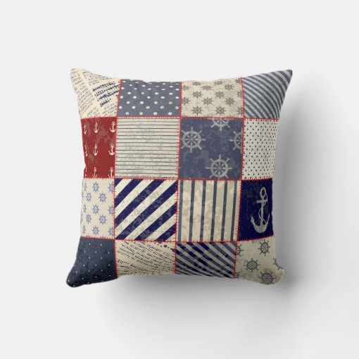 Rustic Nautical Patchwork Stripe Anchor Pattern Throw Pillow | Zazzle