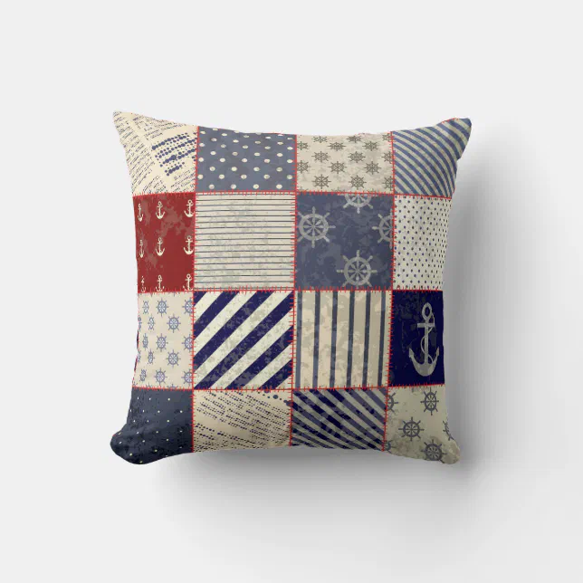 Rustic Nautical Patchwork Stripe Anchor Pattern Throw Pillow | Zazzle