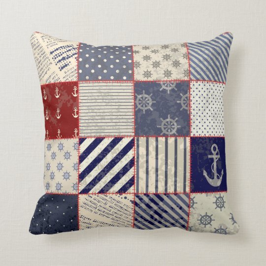 Rustic Nautical Patchwork Stripe Anchor Pattern Throw Pillow | Zazzle.com