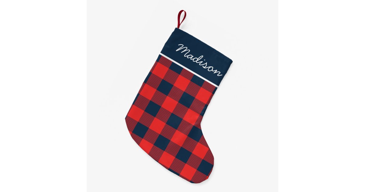 Rustic Navy and Red Buffalo Check Monogram Small Christmas Stocking ...