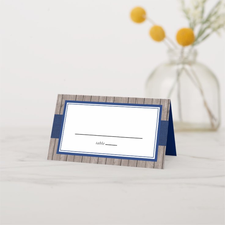 Rustic Navy and Wood Folded Tent Place Card | Zazzle
