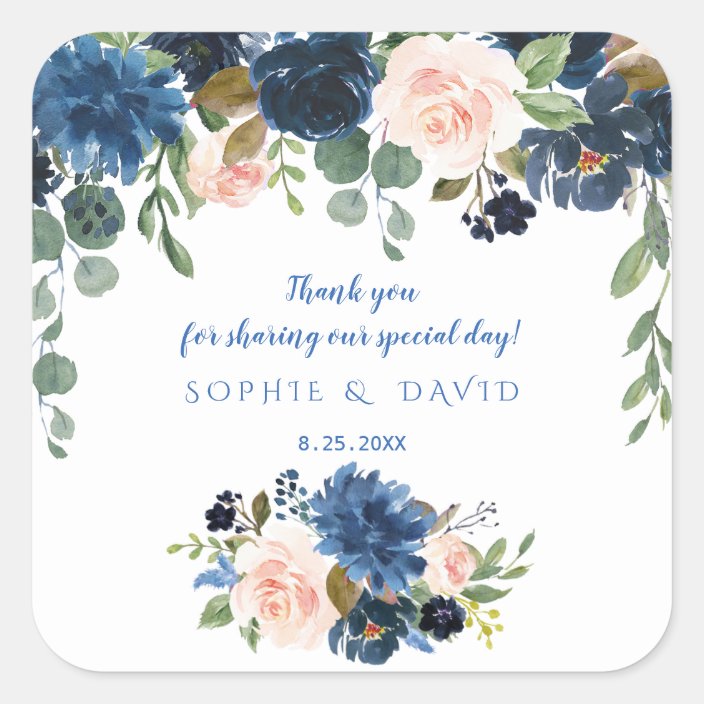 Rustic Navy Blue Blush Flowers Bloom Wedding Square Sticker | Zazzle.com