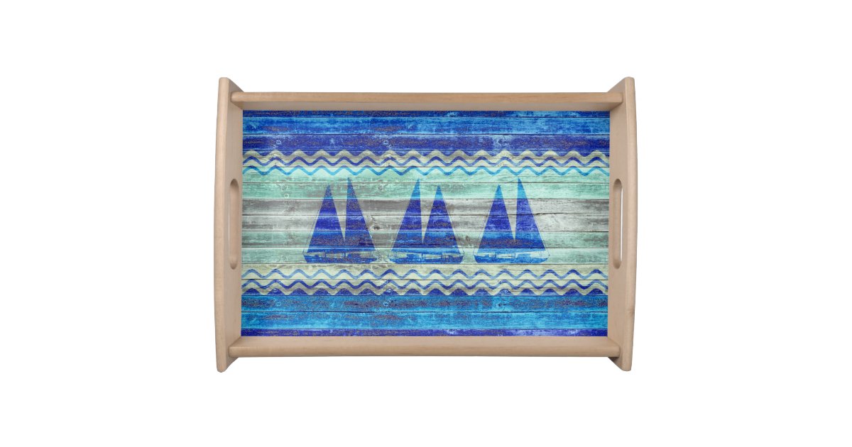 Rustic Navy Blue Coastal Decor Sailboats Serving Tray | Zazzle