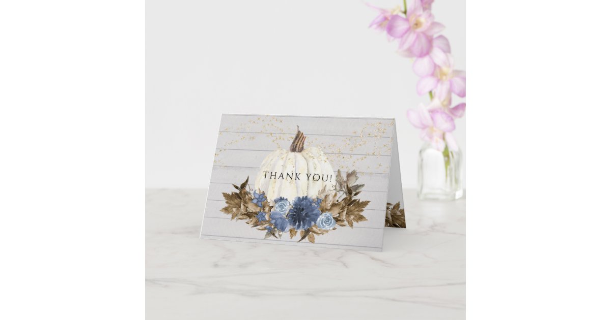 Rustic Navy Blue Floral Fall Pumpkin Thank You Card | Zazzle