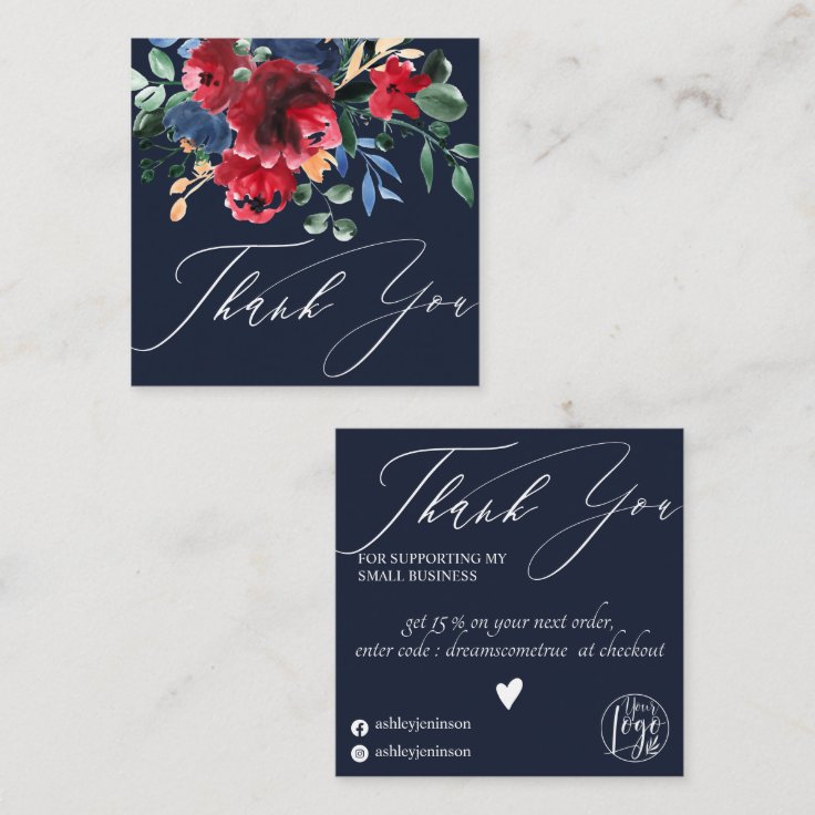 Rustic navy blue floral navy order thank you square business card | Zazzle