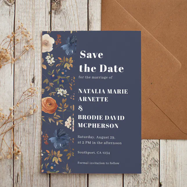 Rustic Navy Blue Floral Wedding Save the Date | Zazzle