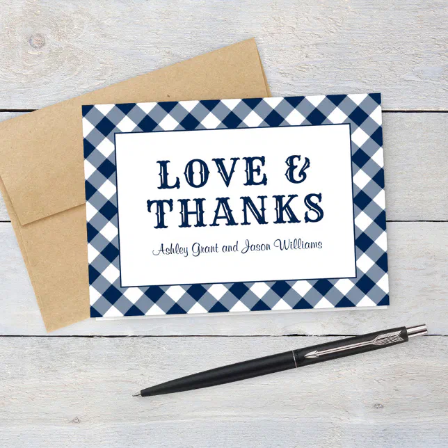 Rustic Navy Blue Gingham Plaid Wedding Monogram Thank You Card | Zazzle