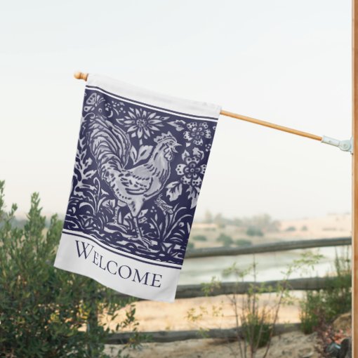 Rustic Navy Blue Rooster Chicken Farmhouse Welcome House Flag | Zazzle