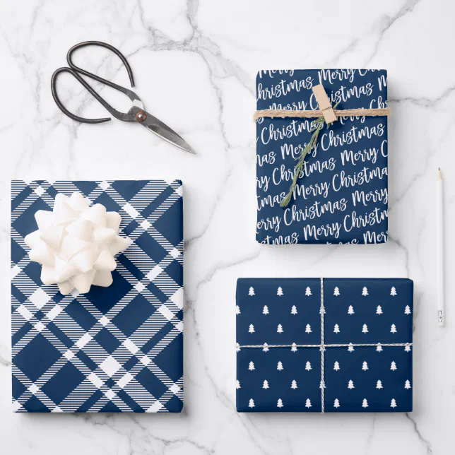 Rustic Navy Blue Tartan Plaid Merry Christmas Wrapping Paper Sheets ...