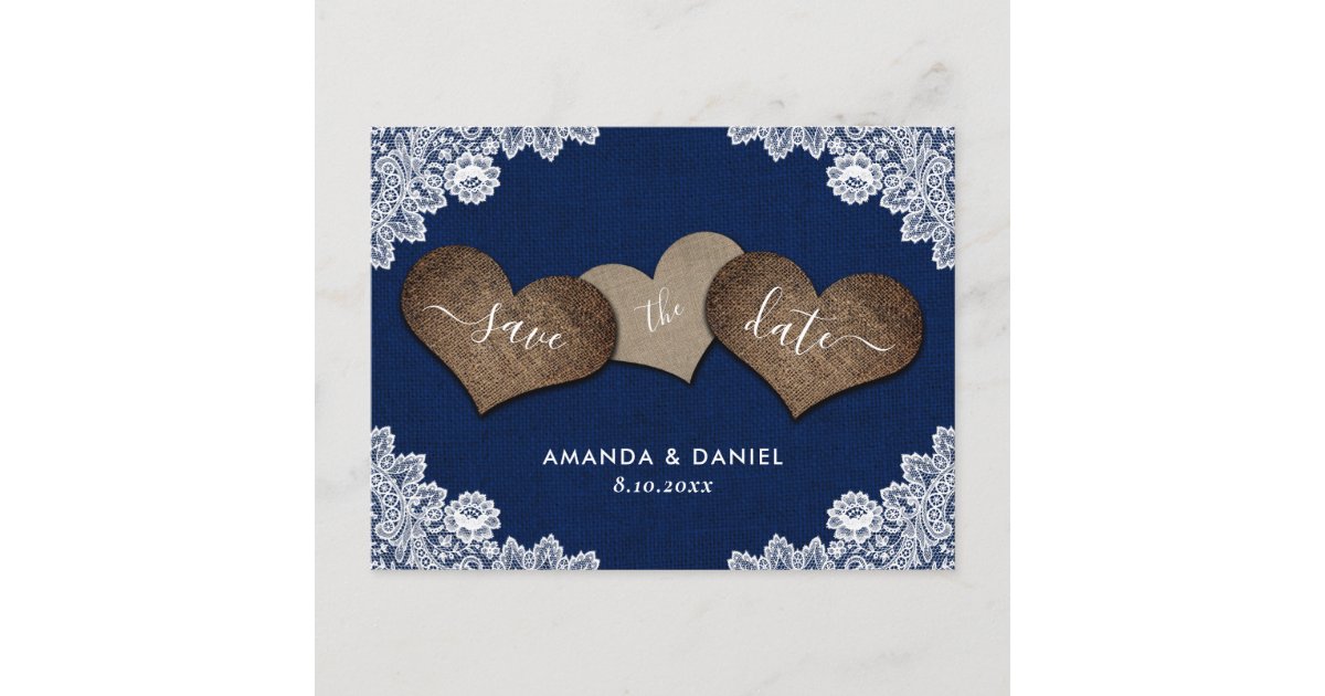 Rustic Navy Blue Wedding Save The Date Postcard | Zazzle