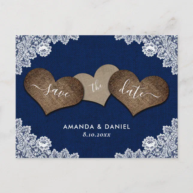 Rustic Navy Blue Wedding Save The Date Postcard | Zazzle