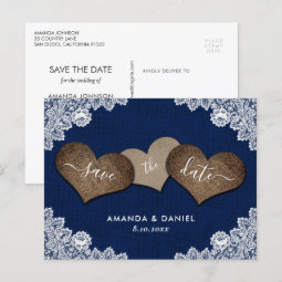 Rustic Navy Blue Wedding Save The Date Postcard | Zazzle