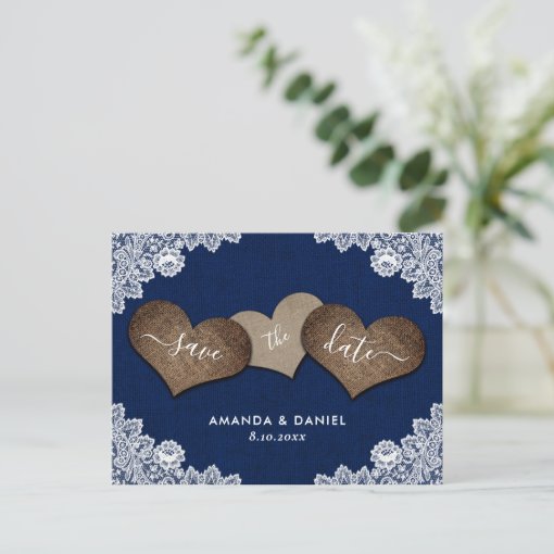 Rustic Navy Blue Wedding Save The Date Postcard | Zazzle