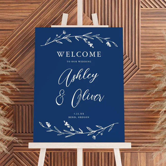 Rustic Navy Blue Wildflowers Wedding Welcome Sign | Zazzle
