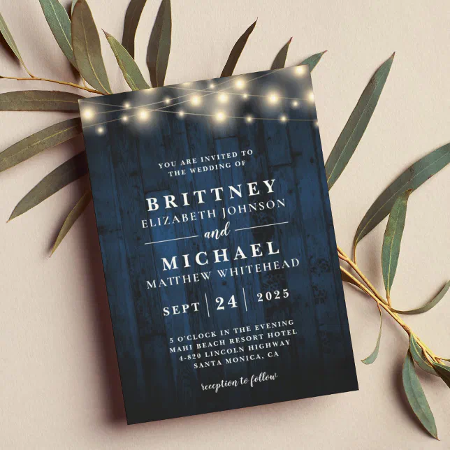 Rustic Navy Blue Wood String Lights Wedding Invitation | Zazzle