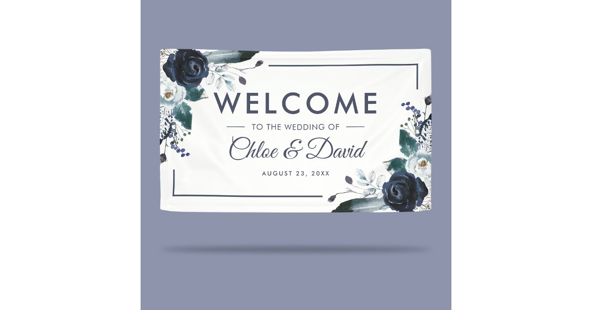 Rustic Navy Boho Floral Wedding Banner | Zazzle