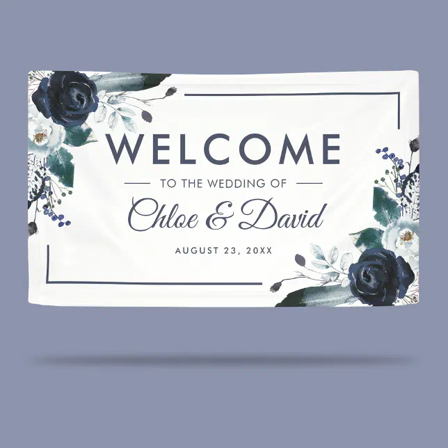 Rustic Navy Boho Floral Wedding Banner | Zazzle